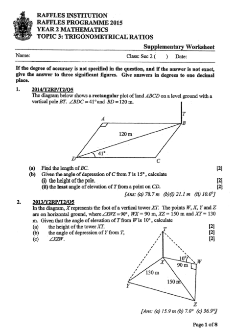 2015 RI Year 2 IP (Sec 2 Integrated Programme) Mathematics Topical ...