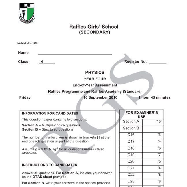 RGS Year 4 IP (Sec 4 Integrated Programme) Physics Exam Papers (soft ...